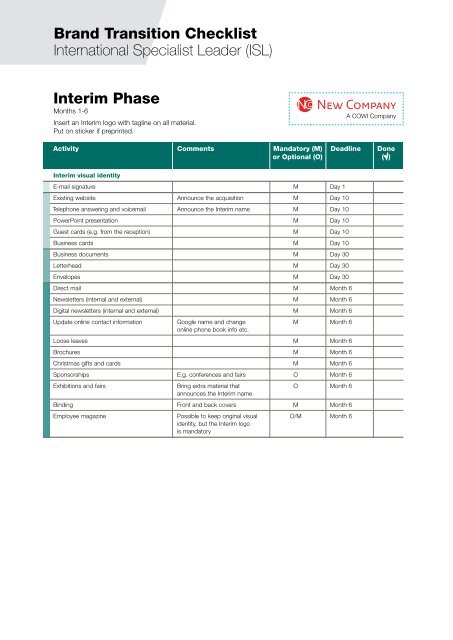 Brand Transition Checklist International Specialist Leader (ISL) - Cowi