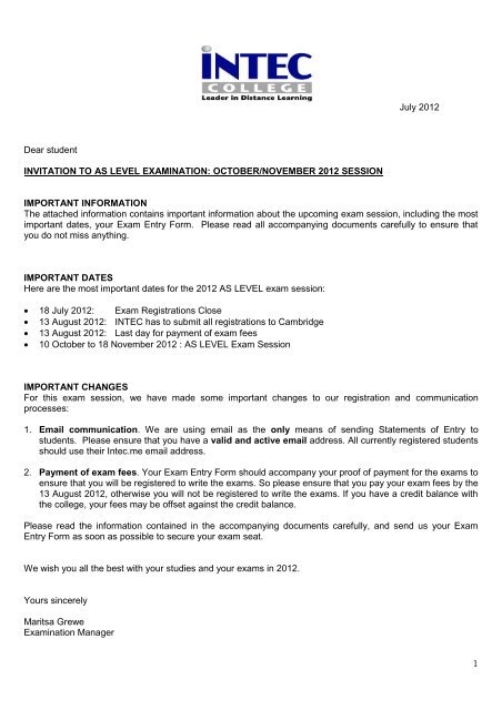as level exam entry form - INTEC College