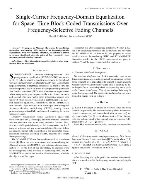 Single Carrier Frequency Domain Equalization For Space Time Block