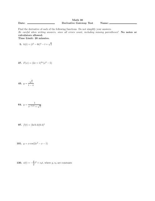 Math 30 Date: Derivative Gateway Test Name: Find the derivative of ...