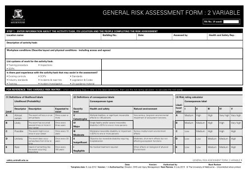 General risk assessment form: 2 variable - Safety - University of ...