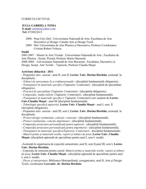 curriculum vitae - Universitatea Naţională de Arte curriculum vitae - Universitatea Naţională de Arte