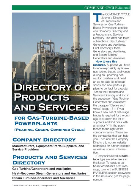 Directory of Products and Services - Combined Cycle Journal Online