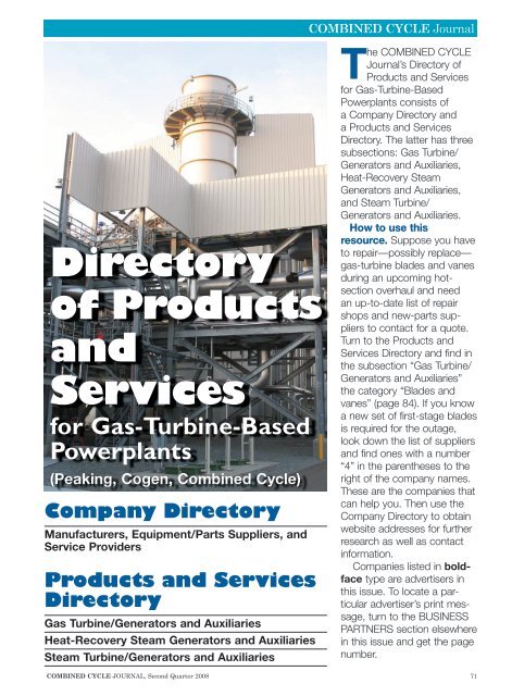 Directory of Products and Services - Combined Cycle Journal Online