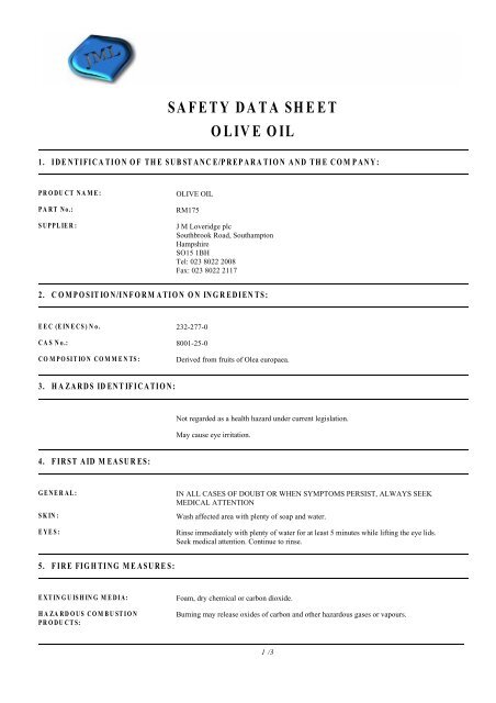 SAFETY DATA SHEET OLIVE OIL - J.M.Loveridge plc