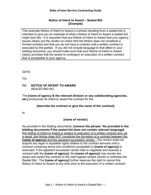 Notice of Intent to Award â Sealed Bid [Example] This ... - State of Iowa
