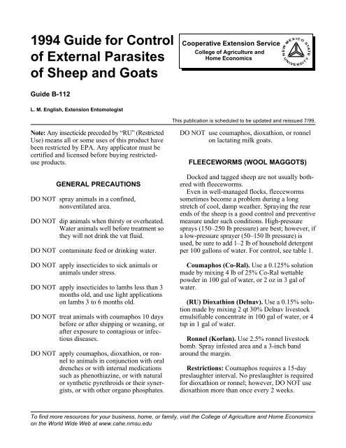 1994 Guide for Control of External Parasites of Sheep and Goats