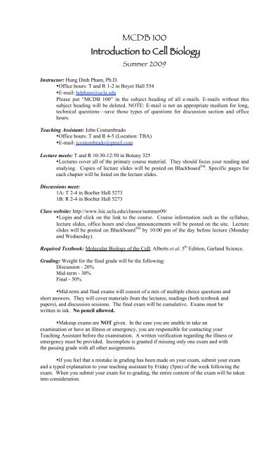 MCDB 100 Introduction to Cell Biology - UCLA