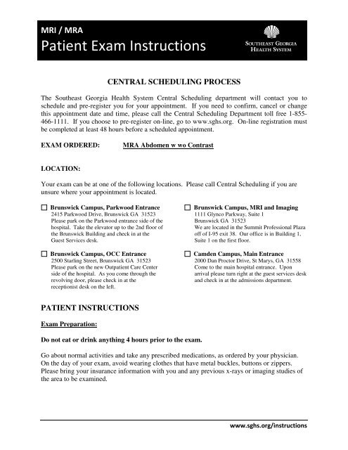 Patient Exam Instructions - Southeast Georgia Health System