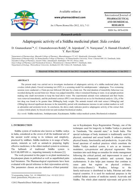 Adaptogenic activity of a Siddha medicinal plant ... - PharmSciDirect