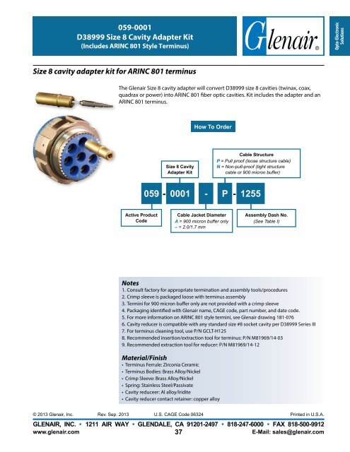 059-0001 Size 8 cavity adapter for ARINC 801 terminus - Glenair, Inc.