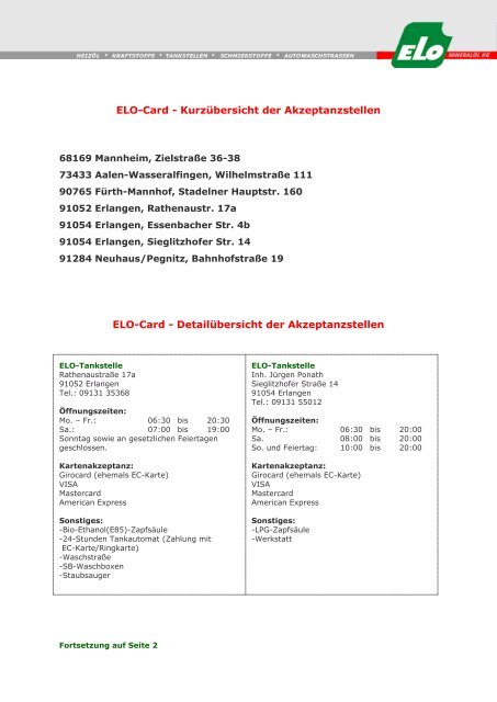 ELO-Card - Kurzübersicht der Akzeptanzstellen ELO-Card ...