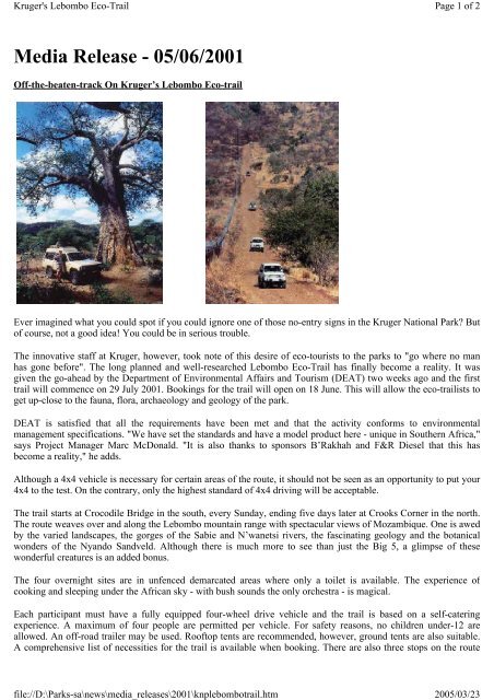 Off-the-beaten-track On Kruger's Lebombo Eco-trail - SANParks