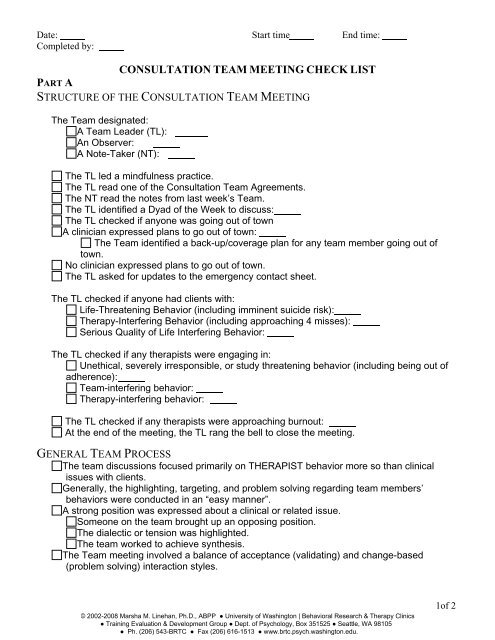 consultation team meeting check list - University of Washington ...