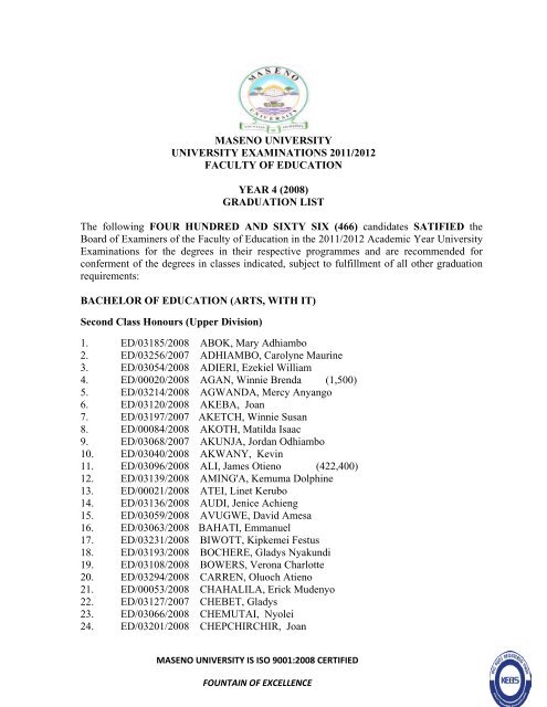 GRADUATION LIST The following FOUR HUNDRE - Maseno ...