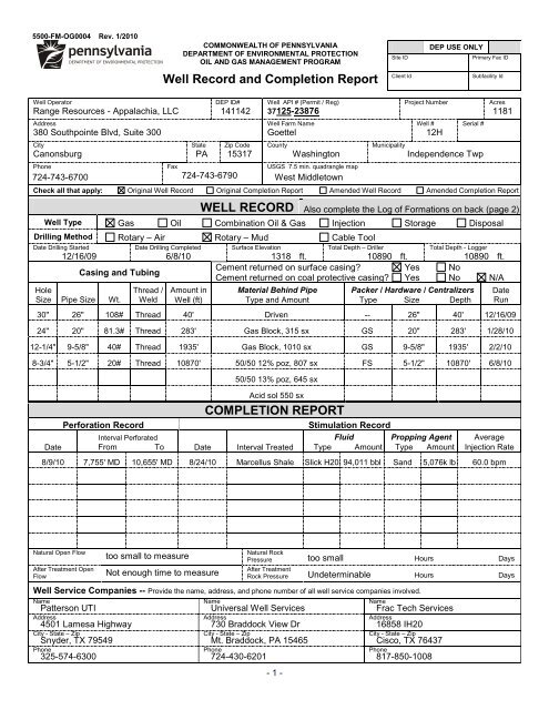 Well Record and Completion Report ... - Range Resources