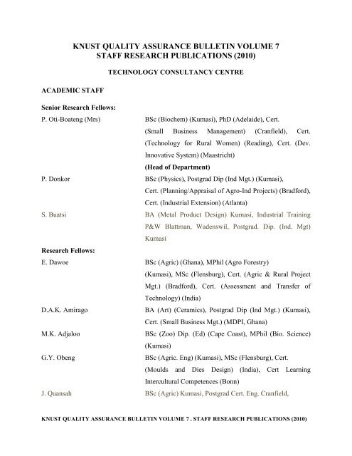 knust quality assurance bulletin volume 7 staff research publications