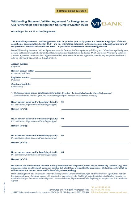 Withholding Statement/Written Agreement for Foreign ... - VP Bank