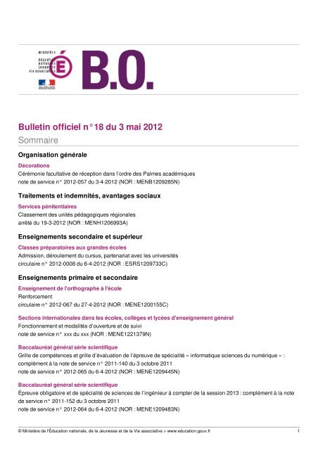 Bulletin officiel n 20 du 14 mai 2009 Sommaire