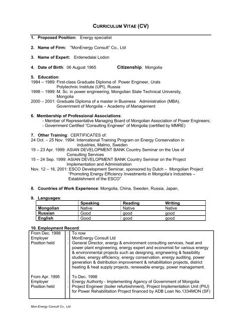 FORM TECH-6 CURRICULUM VITAE (CV) FOR PROPOSED ...