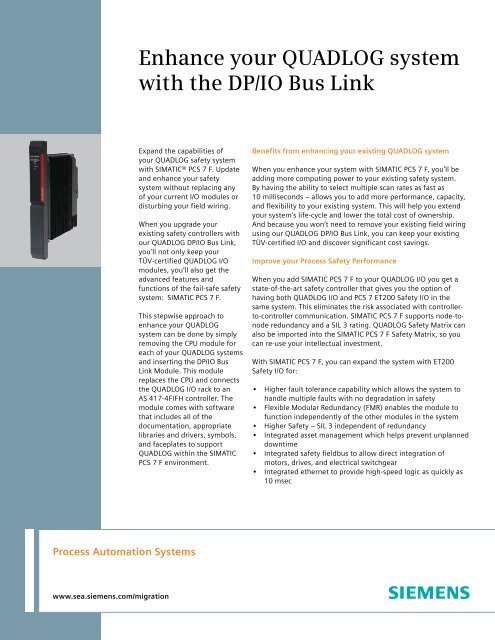 Enhance your QUADLOG system with the DP/IO Bus Link - Siemens ...