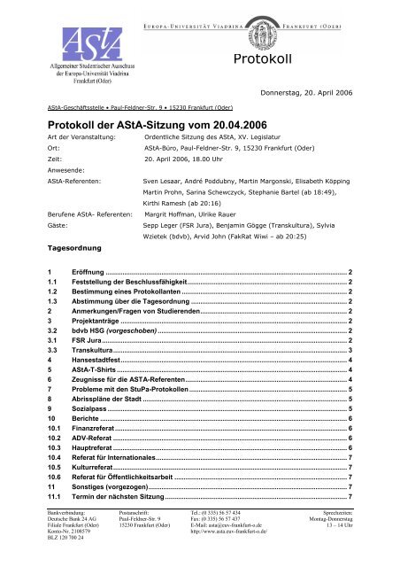 Protokoll - AStA der Europa-Universität Viadrina Protokoll - AStA der Europa-Universität Viadrina