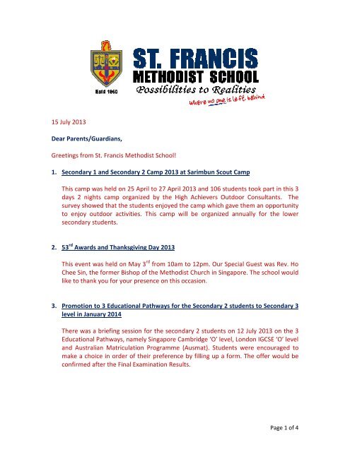 Letter to Parents - St. Francis Methodist School