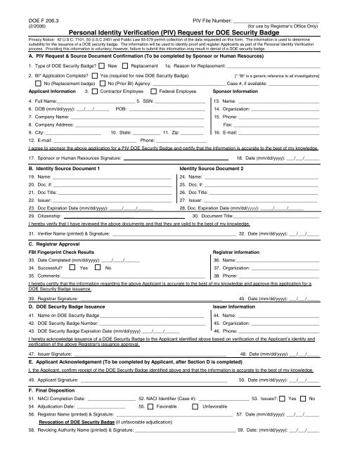 Personal Identity Verification (PIV) Request for DOE Security Badge