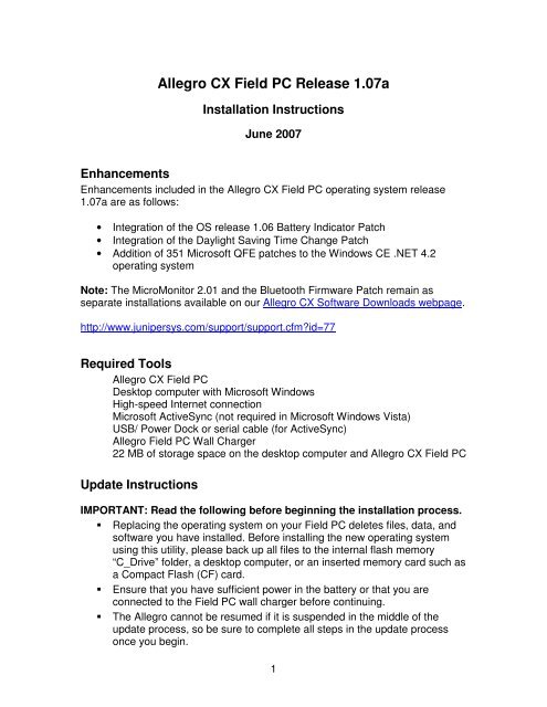 Allegro CX Field PC Release 1.07a - Juniper Systems