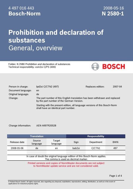 Prohibition and declaration of substances General, overview - Bosch