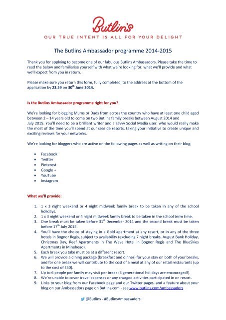 Butlins Ambassador programme 2013-2014