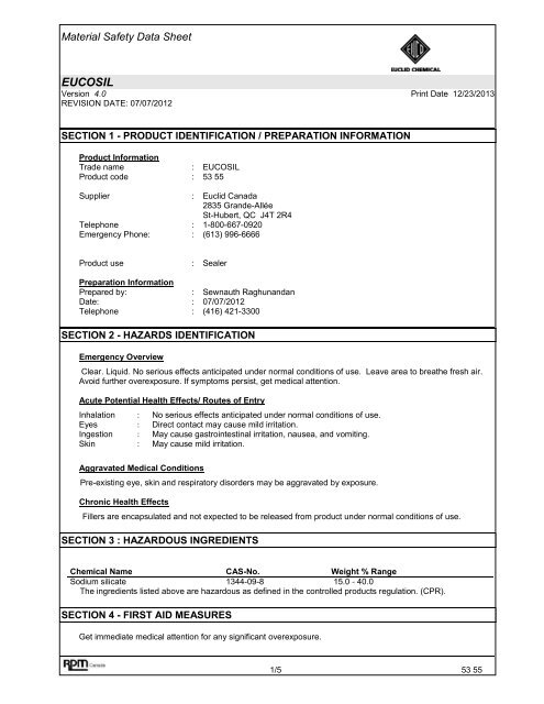 Eucosil MSDS-Canada - Euclid Chemical Co