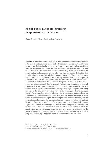 Social Based Autonomic Routing In Opportunistic Networks Cnr
