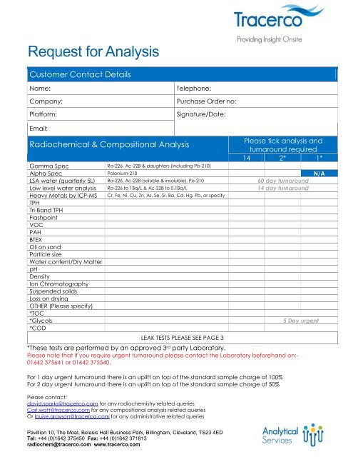 Request for Analysis - Tracerco