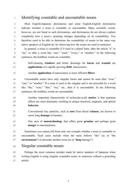 Identifying countable and uncountable nouns Singular countable ...
