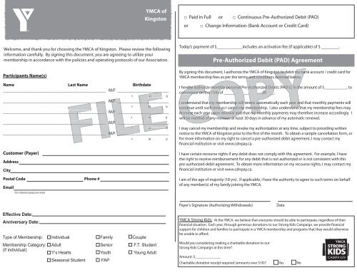 Pre-Authorized Debit (PAD) Agreement - Kingston Family YMCA