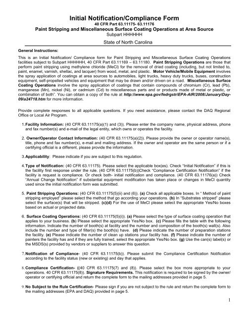 Initial Notification/Compliance Form - Division of Air Quality