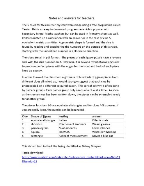 Notes and answers for teachers. The 5 clues for this murder mystery ...