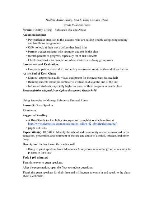 Healthy Active Living, Unit 5: Drug Use and Abuse Grade 9 Lesson ...