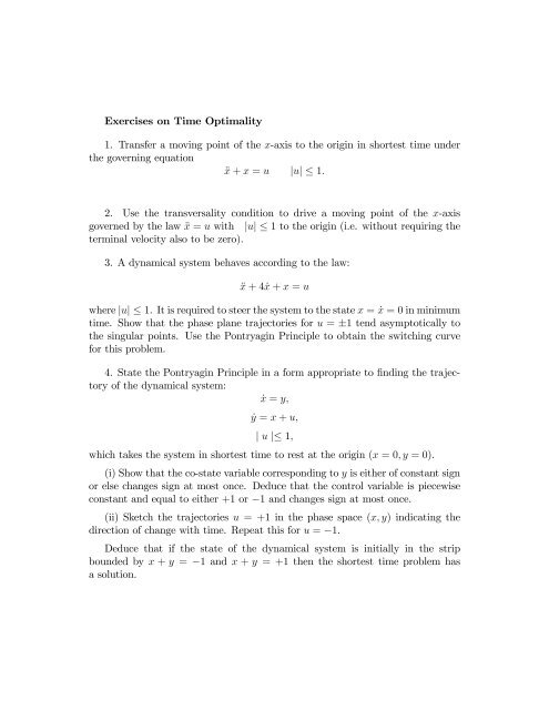 Exercises on time optimality control Exercises on time optimality control