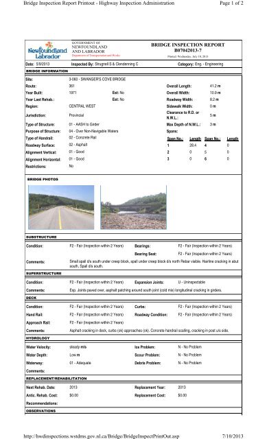 Page 1 of 2 Bridge Inspection Report Printout - Highway Inspection ...