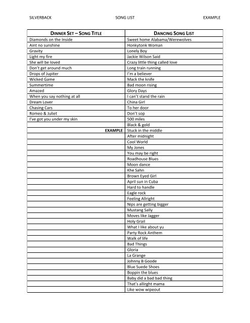 SILVERBACK SONG LIST EXAMPLE DINNER SET – SONG TITLE ...