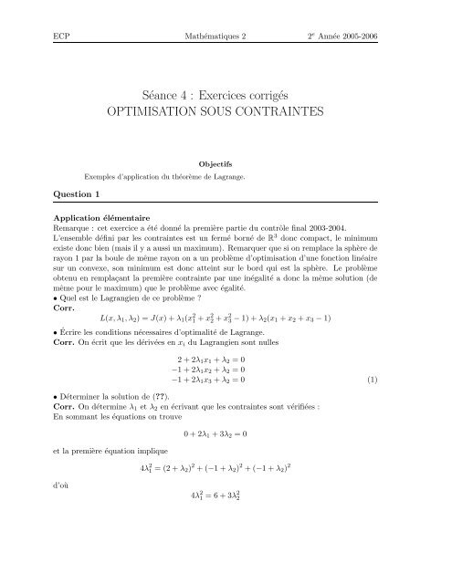 SÃ©ance 4 : Exercices corrigÃ©s OPTIMISATION SOUS CONTRAINTES