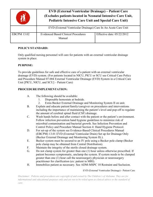(External Ventricular Drainage) â Patient Care - Children's of Alabama