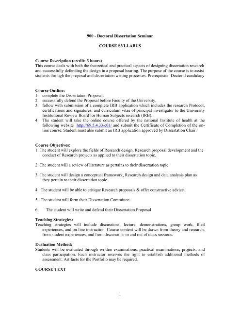 900 - Doctoral Dissertation Seminar COURSE SYLLABUS Course ...