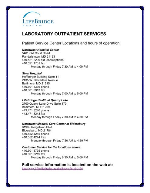 LABORATORY OUTPATIENT SERVICES - LifeBridge Health