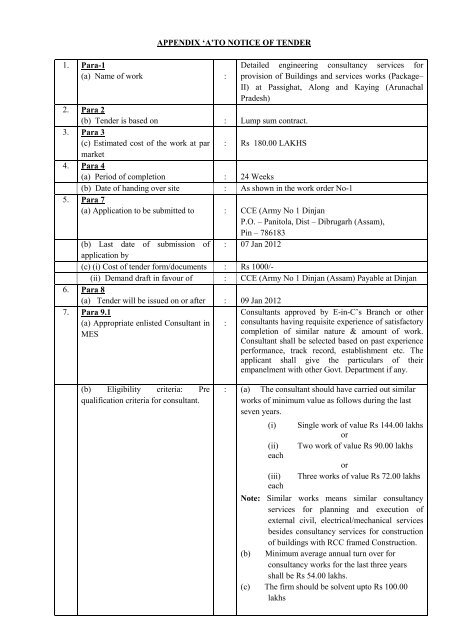 APPENDIX 'A'TO NOTICE OF TENDER 1. Para-1 - Military Engineer ...