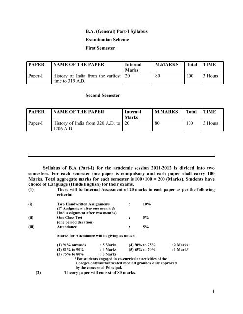 1 B.A. (General) Part-I Syllabus Examination Scheme First Semester ...