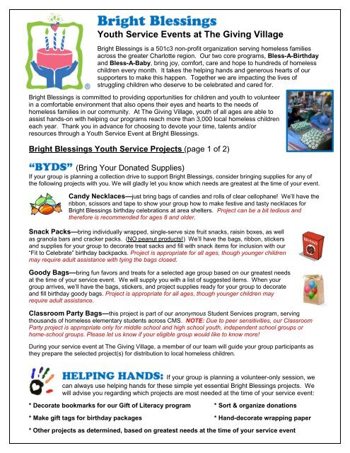 Youth Service Events at The Giving Village - Bright Blessings