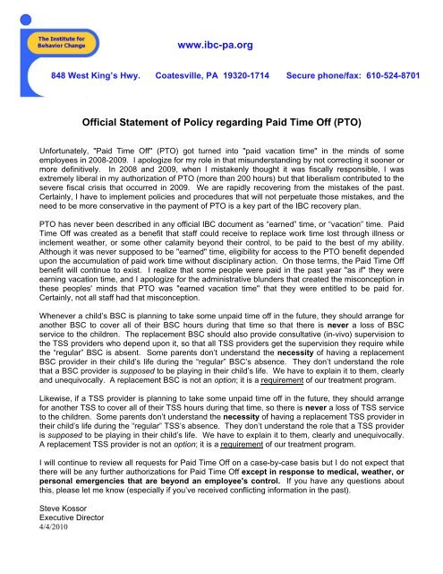 Paid Time Off Policy and required temporary replacement of TSS ...